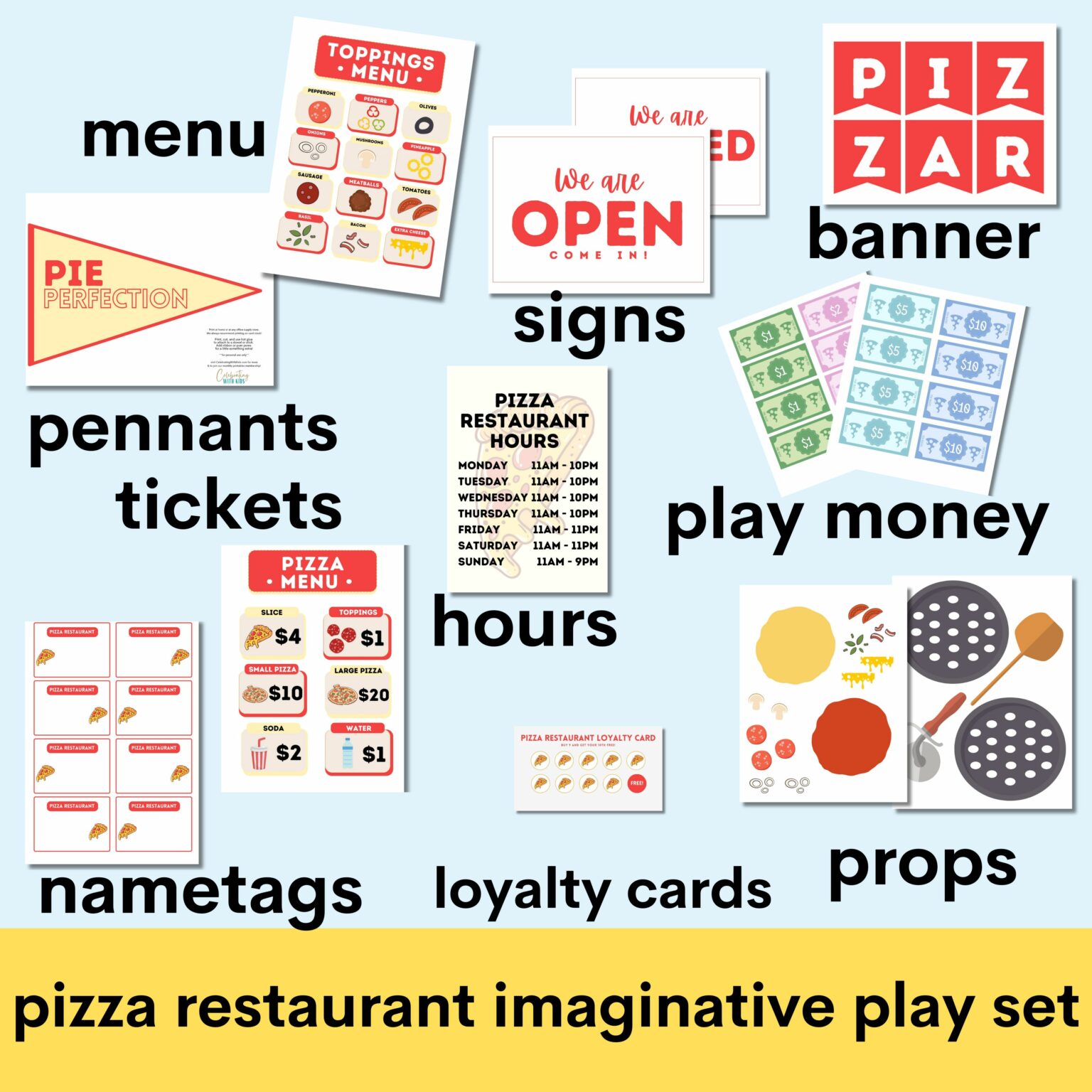 Pizza Restaurant Dramatic Play Printables Set